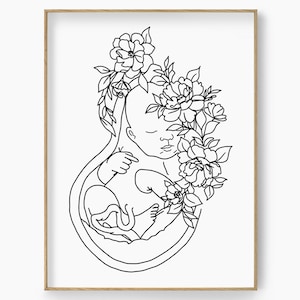 Black White Floral Fetus in Womb Art, Midwife Graduation Gift, OBGYN ...