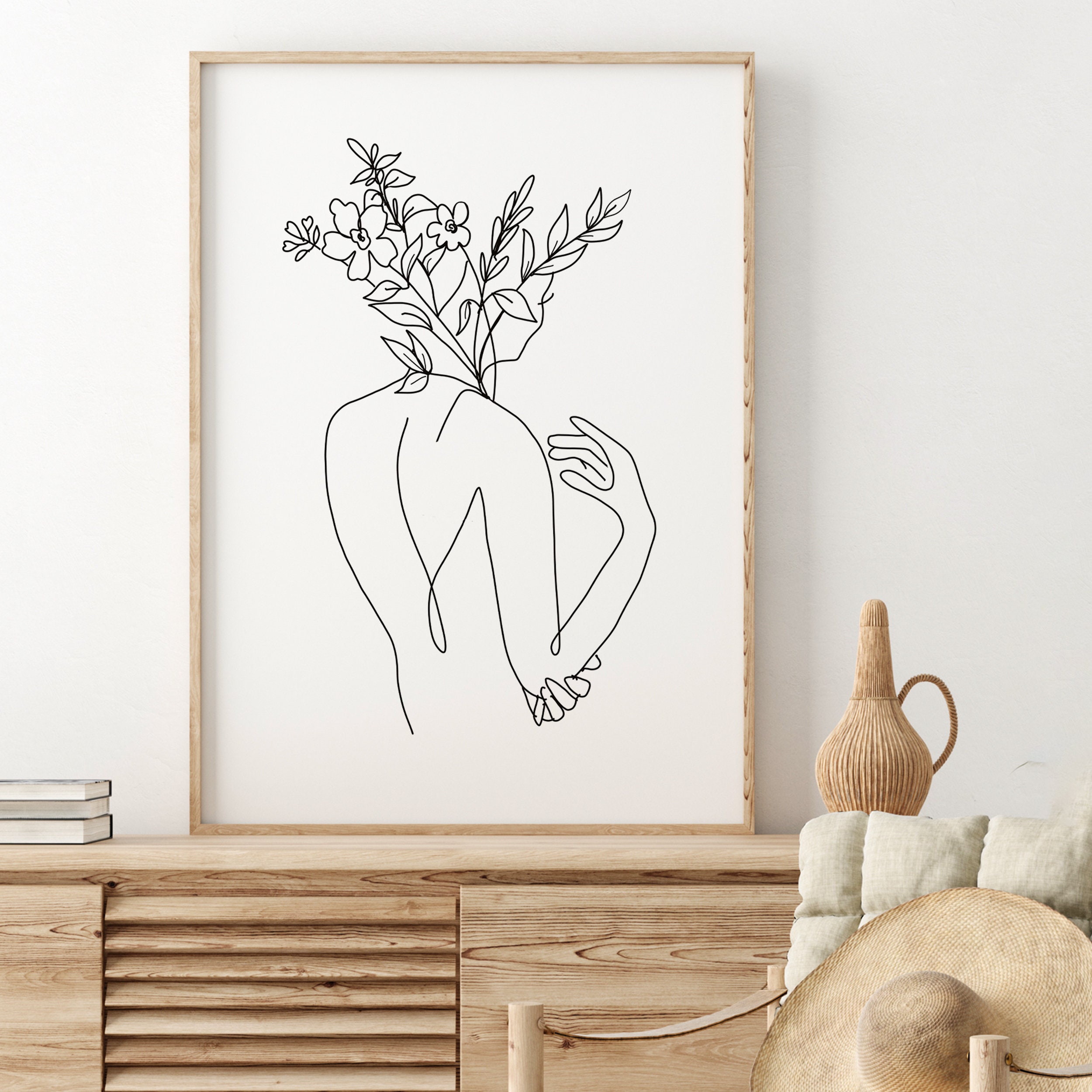 Woman Back Line Art Print Plant Head Line Draw Flower Woman - Etsy
