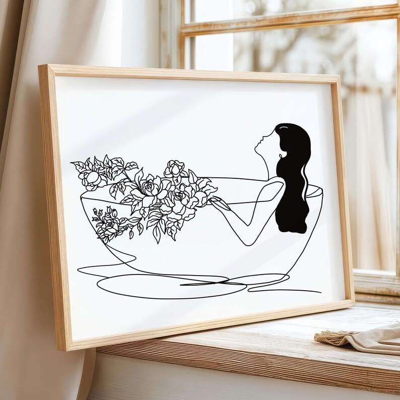 Bathtub Art Print - Floral Soak Line Drawing - Modern Bath Wall Decor ...