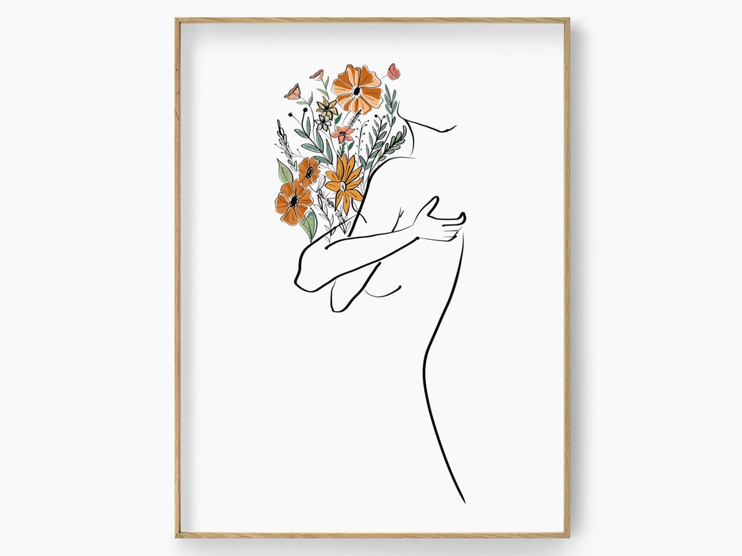 Woman Figure Line Art, Flower Head Poster, Woman Line Drawing Print ...