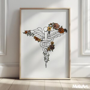 Floral Caduceus Symbol Art Print, Doctor Office Wall Decor, Medical ...
