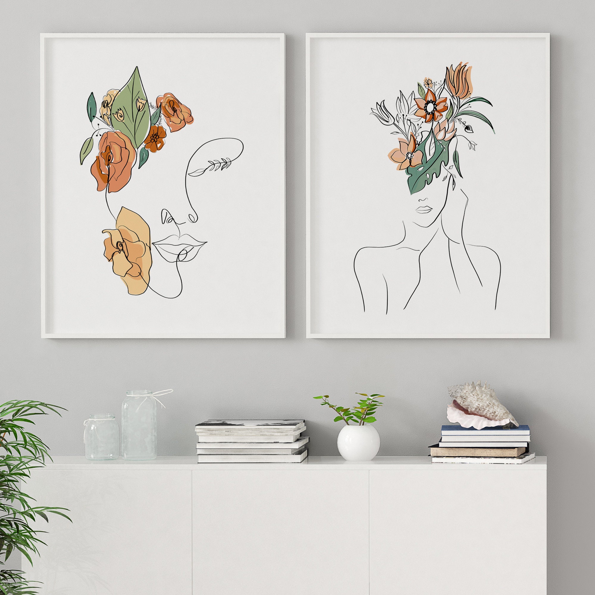 Flower Woman Line Art Set Line Draw Wall Art Set of 2 | Etsy