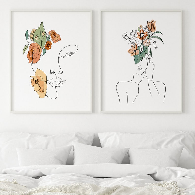 Flower Woman Line Art Set Line Draw Wall Art Set of 2 | Etsy