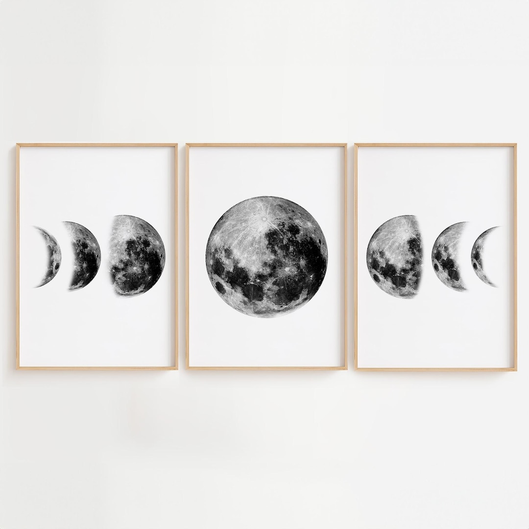 Moon Phases Wall Art Set of 3, Celestial Poster Printables, Black and ...