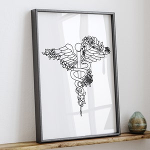 Minimal Botanical Caduceus Wall Art, Floral Nurse Gift Idea, Doctor ...