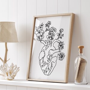 Heart Anatomy Black White Print, Botanical Heart Poster, Modern Medical ...