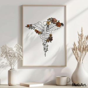 Floral Caduceus Symbol Art Print, Doctor Office Wall Decor, Medical ...