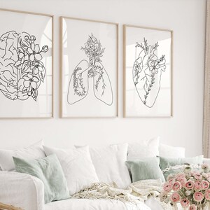 Floral Human Anatomy Medical Poster Set, Floral Heart Brain Lungs Print ...