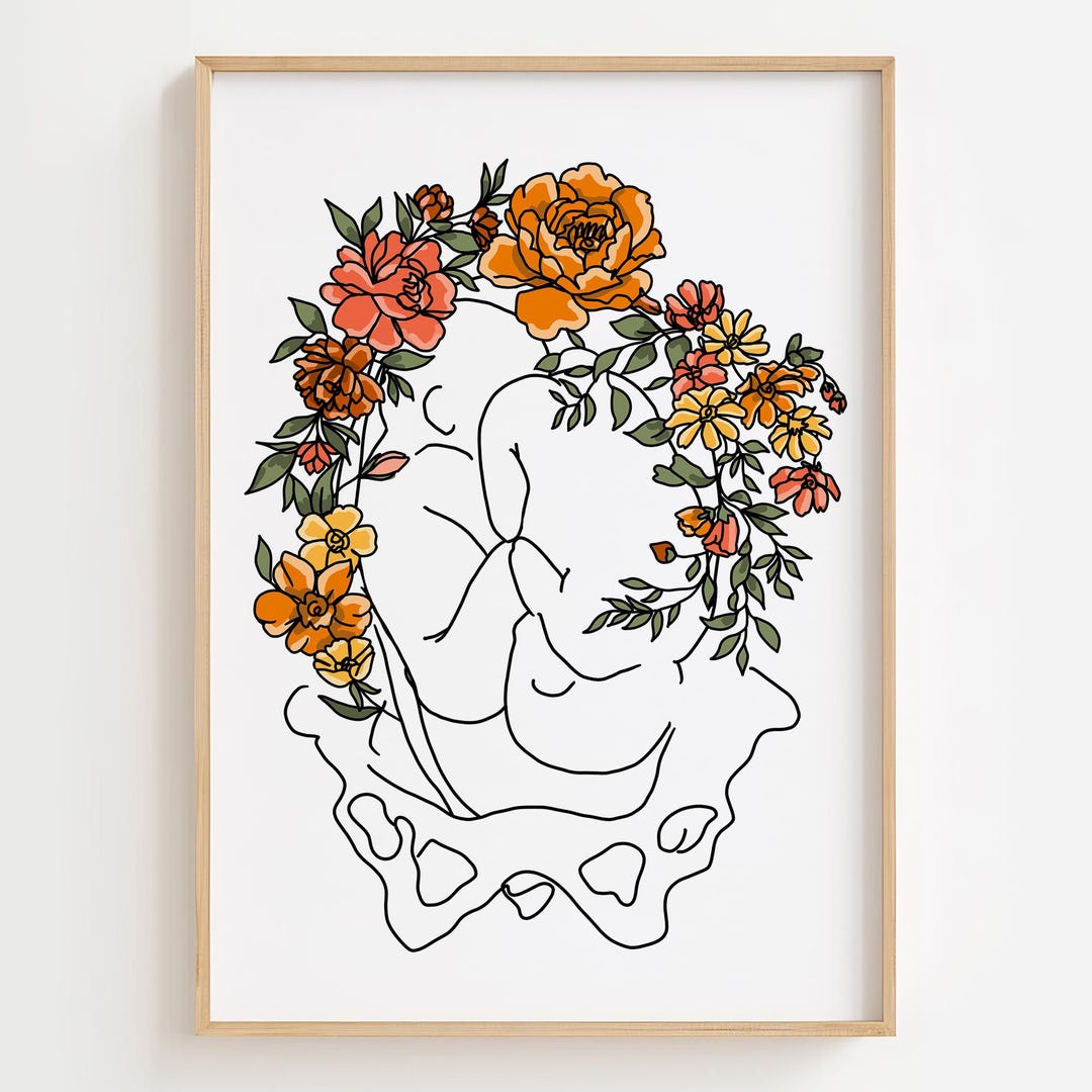 Twin Pregnancy Art, Floral Babies Poster, Flower Womb Print, Midwife ...