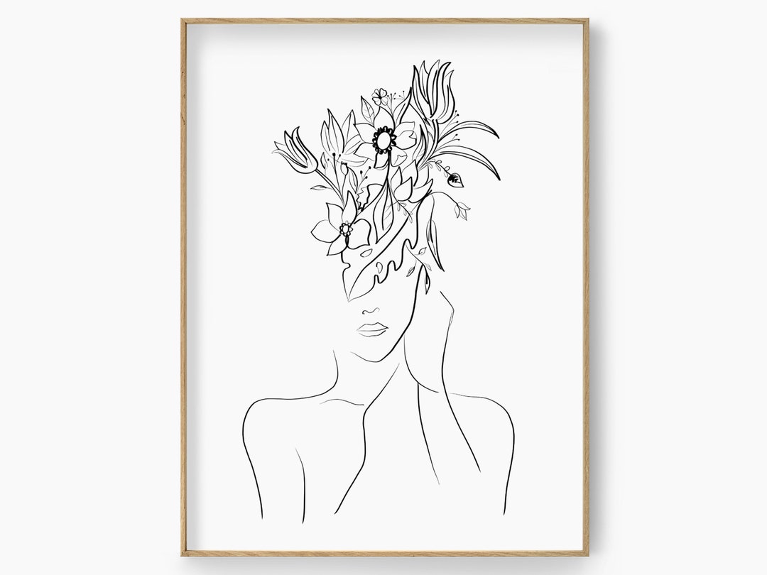Abstract Woman Line Art Head of Flowers Art Print Floral - Etsy
