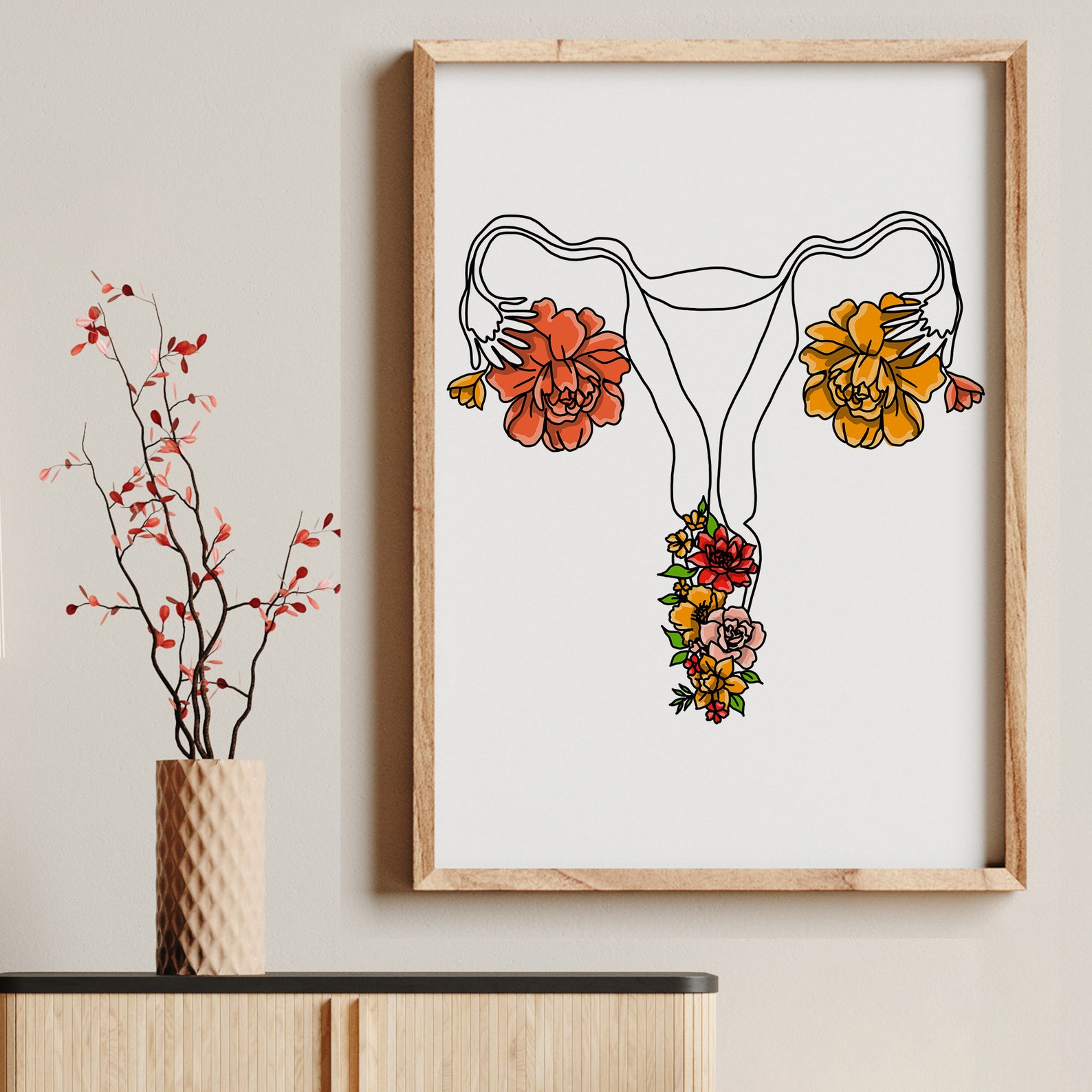 Floral Uterus Art Print, Uterus Line Drawing, Uterus Anatomy Wall Art ...