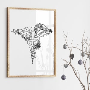 Minimal Botanical Caduceus Wall Art, Floral Nurse Gift Idea, Doctor ...