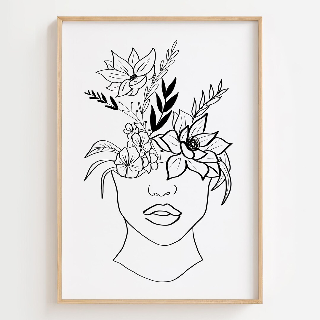 Head of Flowers Art Print, Line Art Woman With Flowers, Flower Woman ...