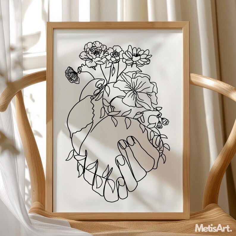 Heart Held by Hands Art Print- Floral Cardiology Sketch - Botanical ...