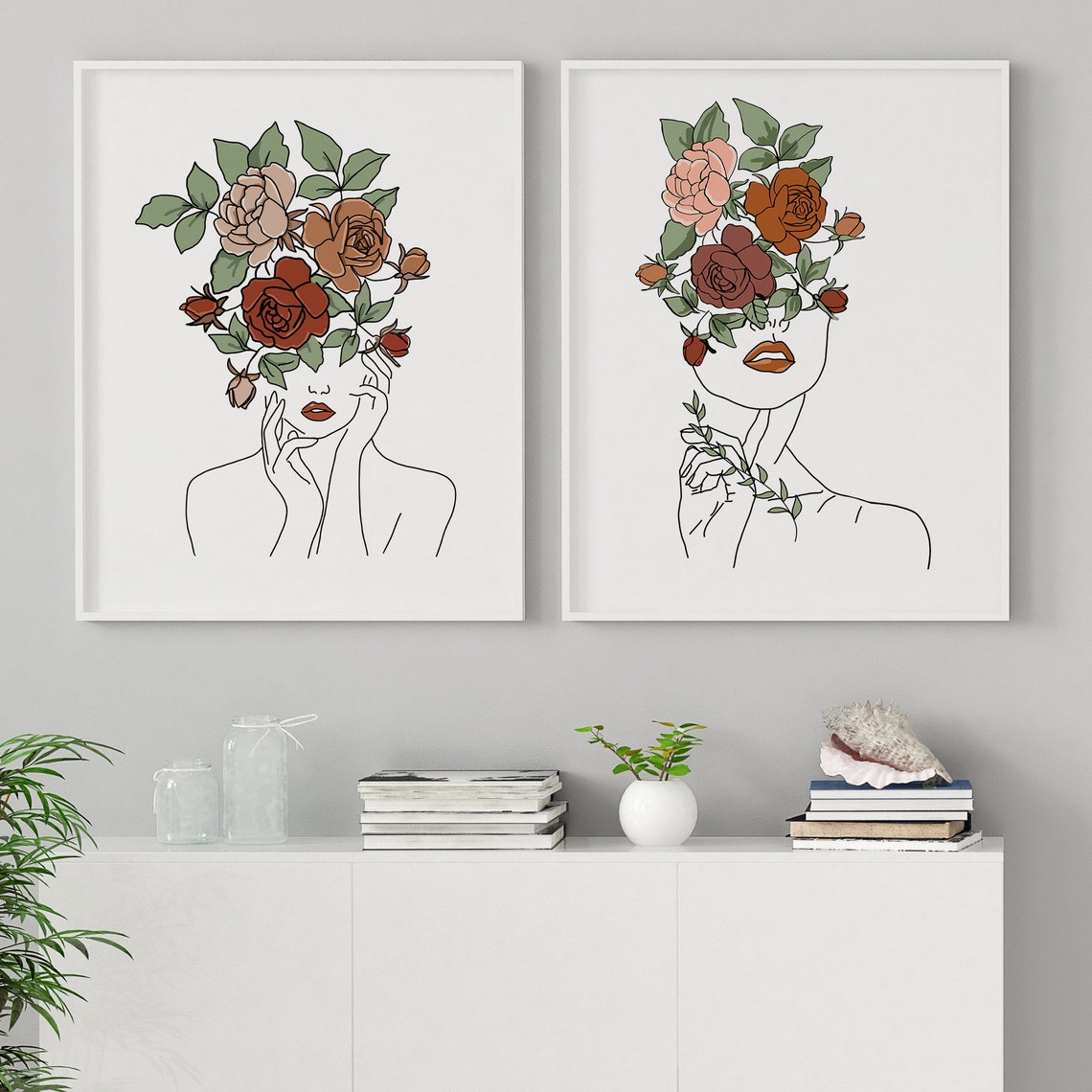 Roses Head Woman Line Art Set Head of Flowers Art Set of 2 - Etsy