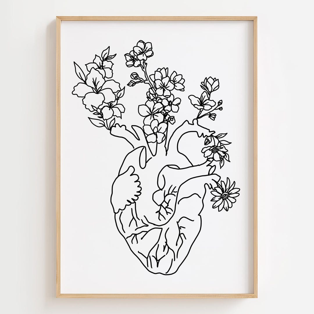 Floral Heart Anatomy Print: Black and White Boho Wall Art (digital ...