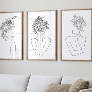 Floral Woman Head Portrait, One Line Flower Head Poster, Head of ...