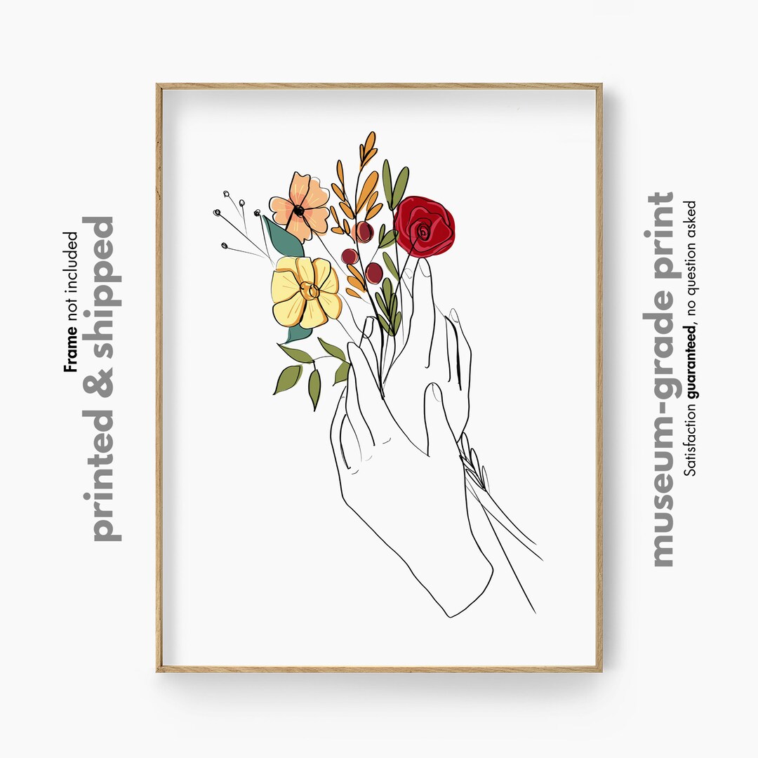 Hands Holding Flower Bouquet Line Art, Woman Flower Hands Art Print ...