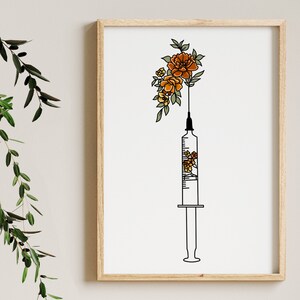 Floral Syringe Art Print, Flower Injector Wall Art, Hypodermic Syringe ...
