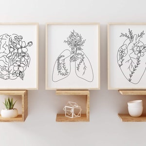 Floral Human Anatomy Medical Poster Set, Floral Heart Brain Lungs Print ...