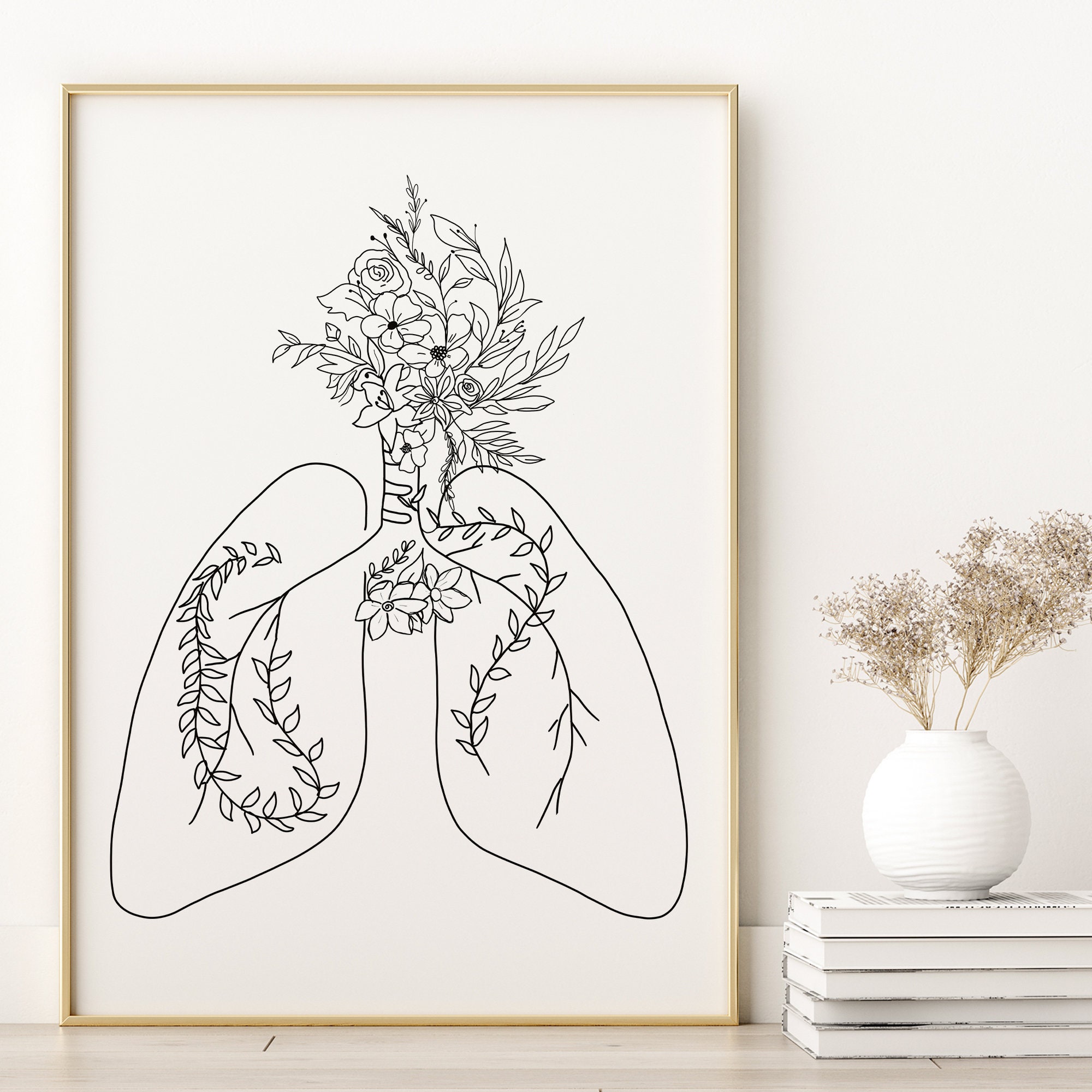 Minimal Human Lungs Line Art Floral Lungs Poster Black and - Etsy