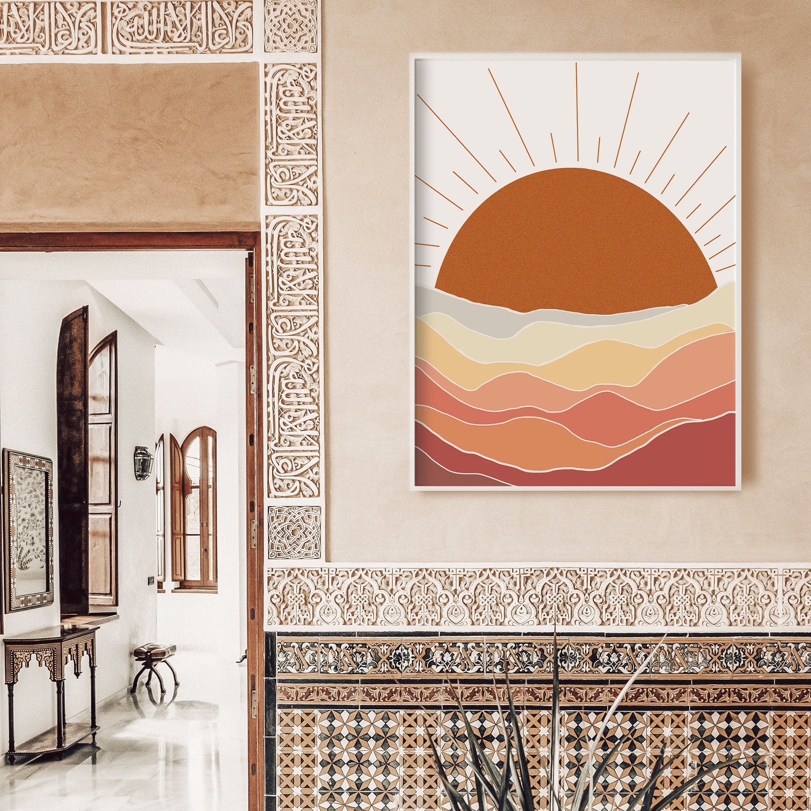 Boho Rising Sun Mountain Art Print Abstract Landscape Poster | Etsy