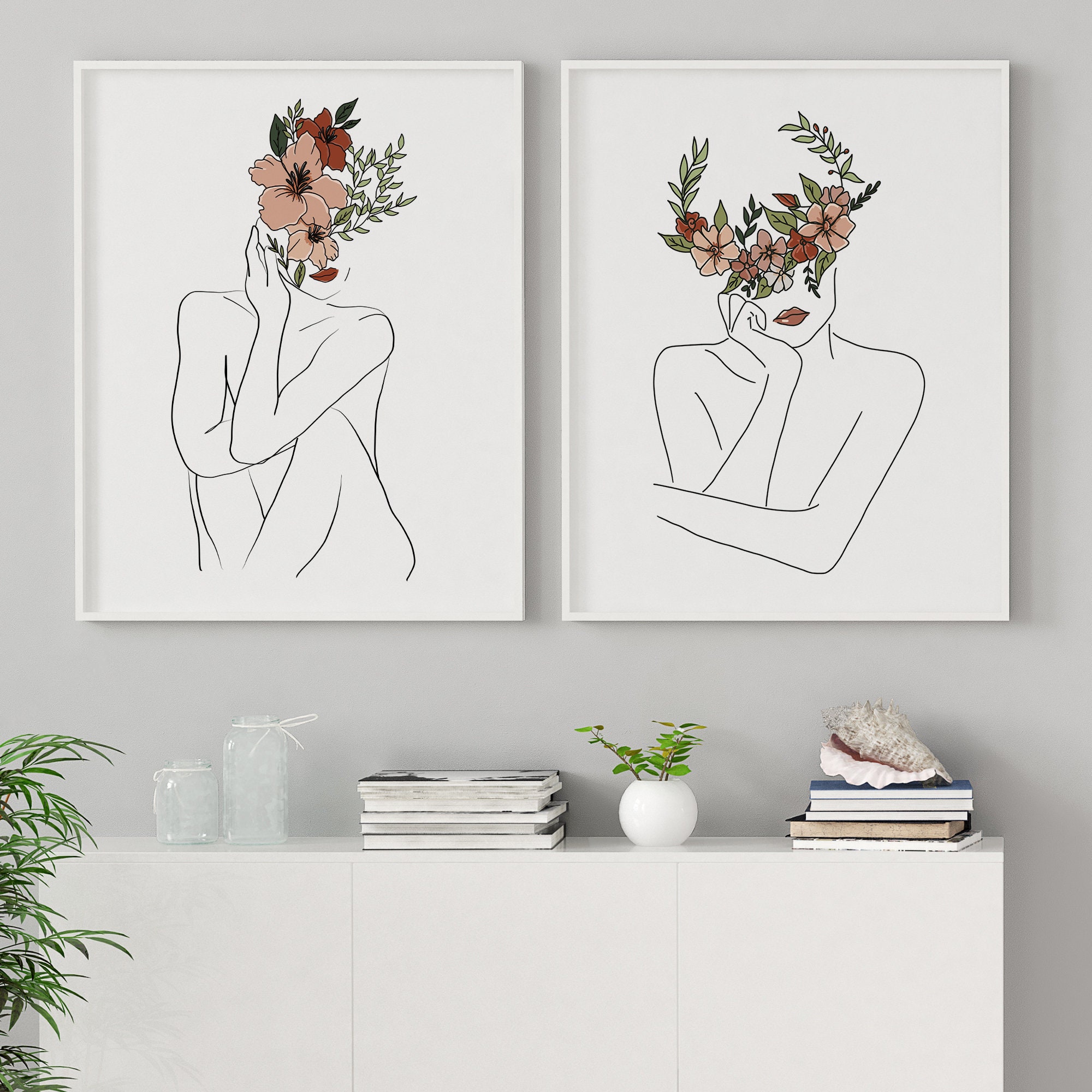 Female Figure Poster Flower Head Woman Wall Art Colorful | Etsy
