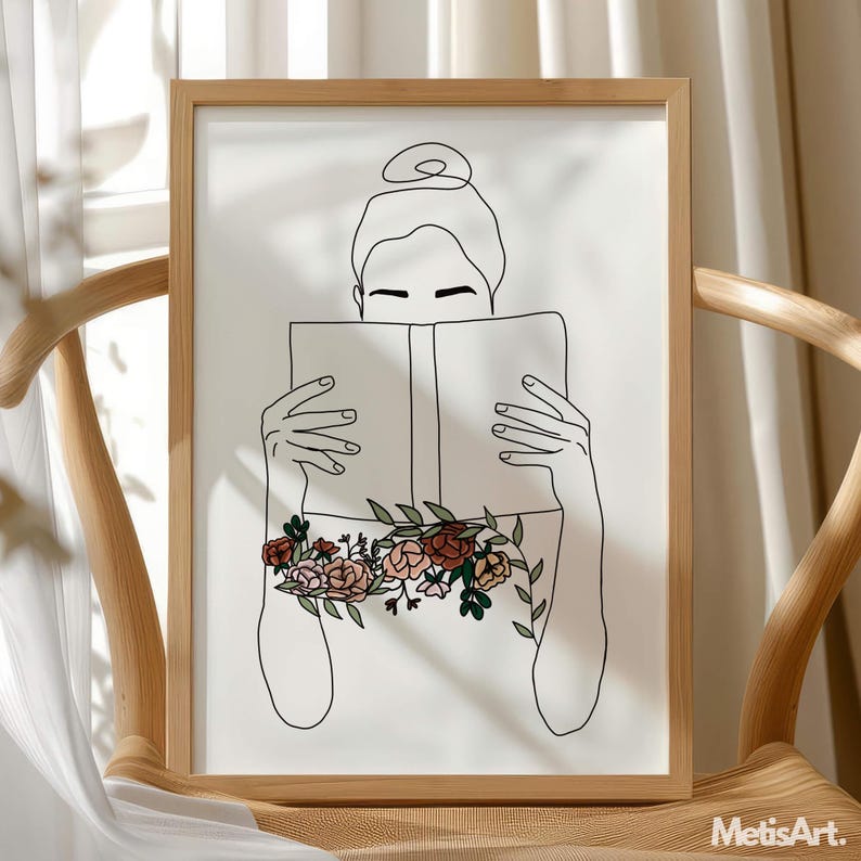Floral Book Lover Line Art - Minimalist Reading Woman Art Poster - Etsy