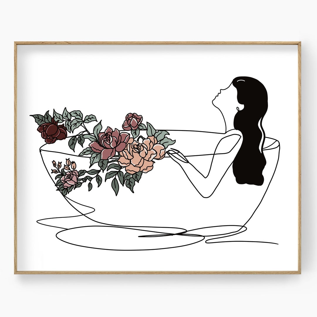 Bathroom Wall Art, Woman Bathtub Line Art Print, Female Flower Art ...