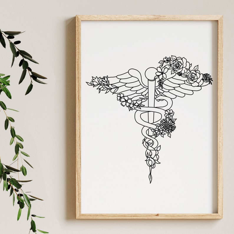 Minimal Botanical Caduceus Wall Art Floral Nurse Gift Idea - Etsy