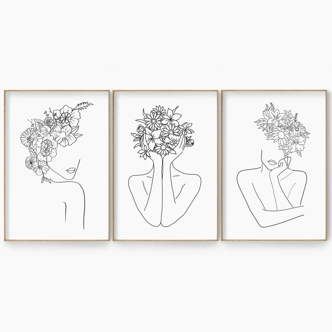 Floral Woman Line Art, Abstract Woman Art Print, Gallery Wall Art Set ...