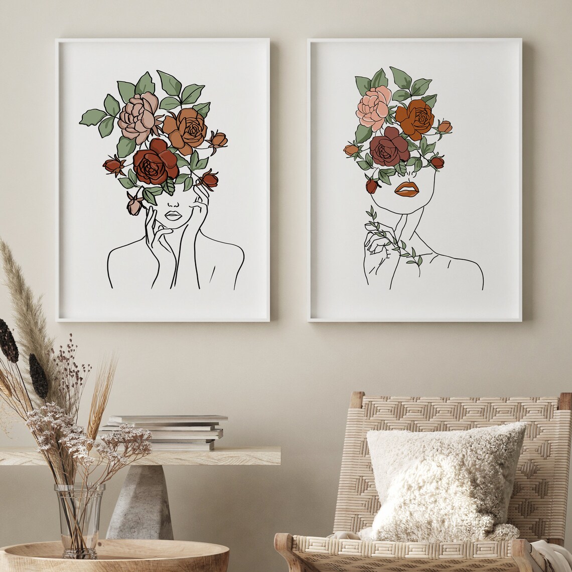 Roses Head Woman Line Art Set Head of Flowers Art Set of 2 | Etsy