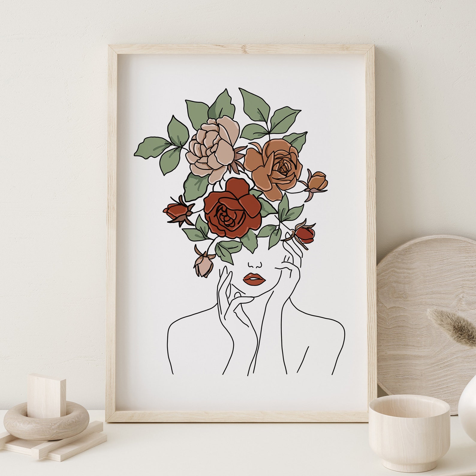 Head of Flowers Art Bedroom Wall Art Modern Minimal Woman - Etsy