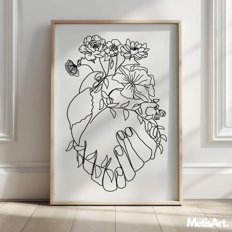Heart Held by Hands Art Print- Floral Cardiology Sketch - Botanical ...