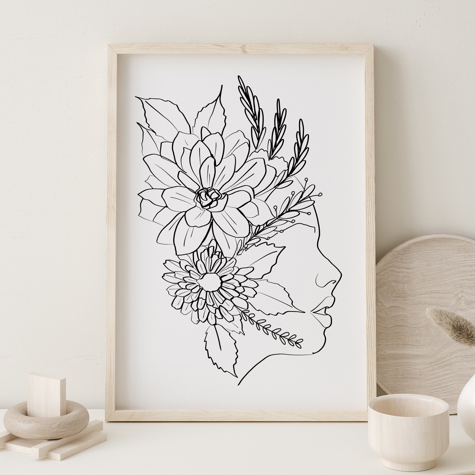 Woman Face With Flowers Line Drawing Art Set Flower Head Line - Etsy UK