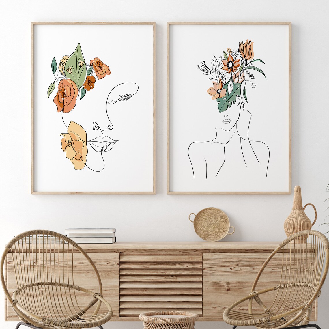 Flower Woman Line Art Set Line Draw Wall Art Set of 2 | Etsy