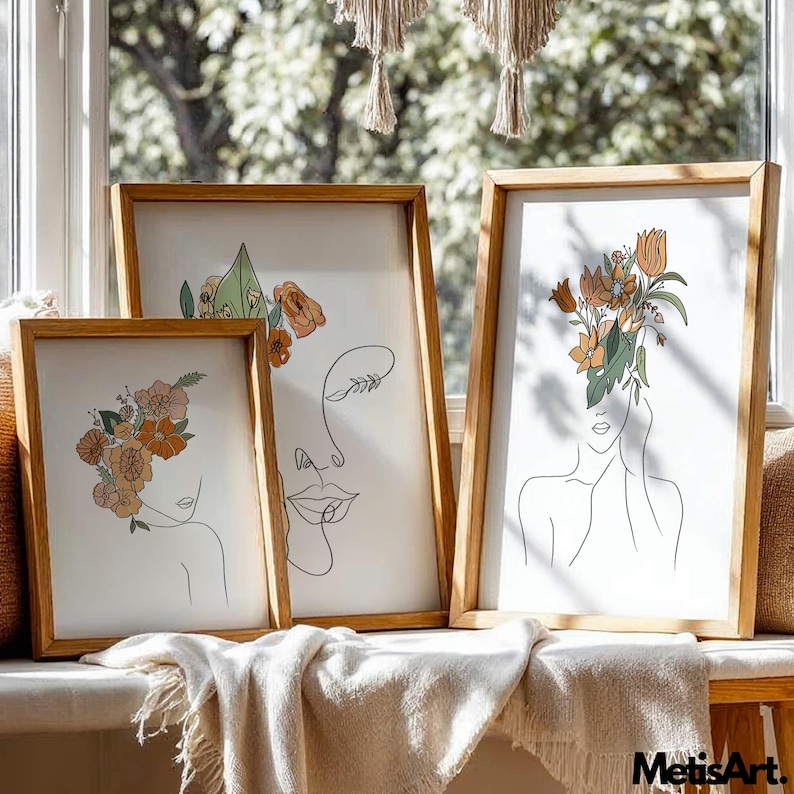 Floral Head Woman Line Art Set of 3 - Minimalist Botanical Portrait ...