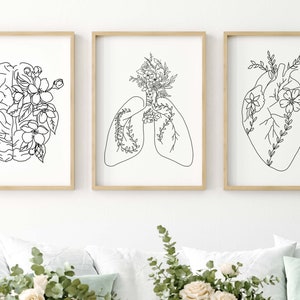 Floral Human Anatomy Medical Poster Set, Floral Heart Brain Lungs Print ...