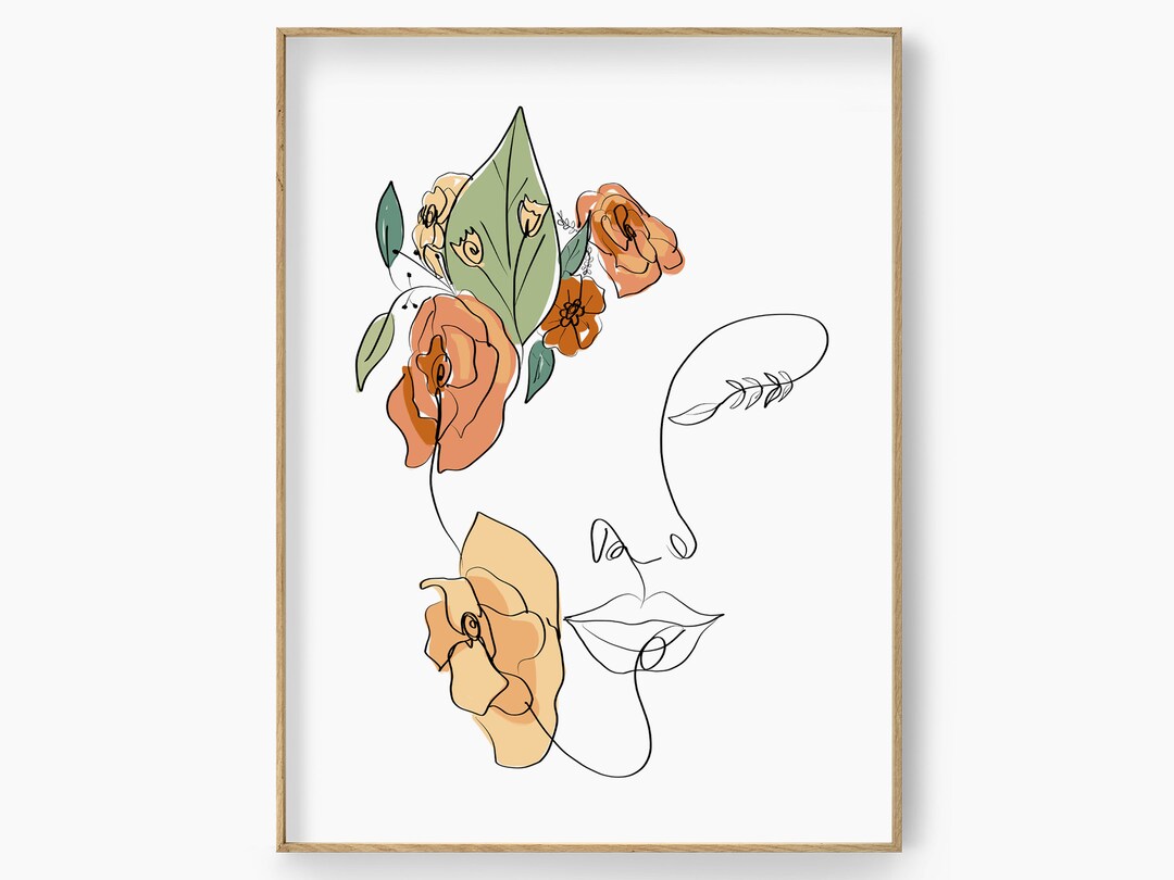 Woman Face With Flowers Line Art Print, Flowers Woman Face Line Draw ...