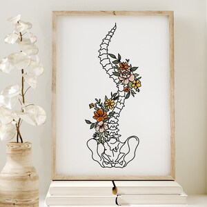 Floral Spine Line Art Print, Physiotherapist Art, Spine Anatomy Poster ...