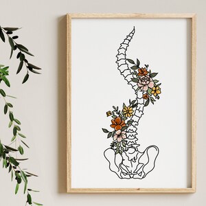 Floral Spine Line Art Print, Physiotherapist Art, Spine Anatomy Poster ...
