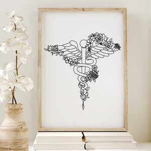 Minimal Botanical Caduceus Wall Art, Floral Nurse Gift Idea, Doctor ...
