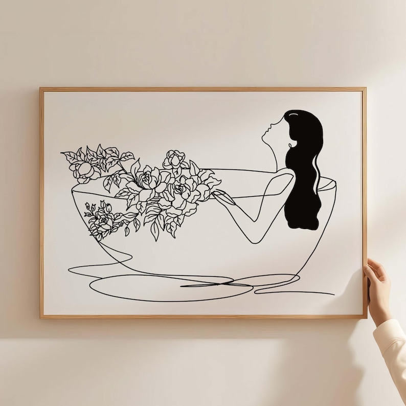 Bathtub Art Print - Floral Soak Line Drawing - Modern Bath Wall Decor ...