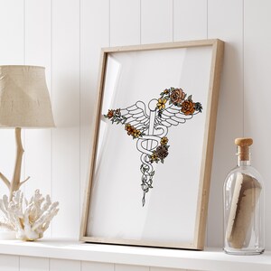 Floral Caduceus Symbol Art Print, Doctor Office Wall Decor, Medical ...