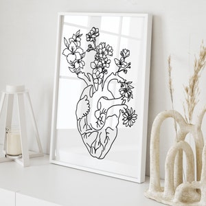 Heart Anatomy Black White Print, Botanical Heart Poster, Modern Medical ...