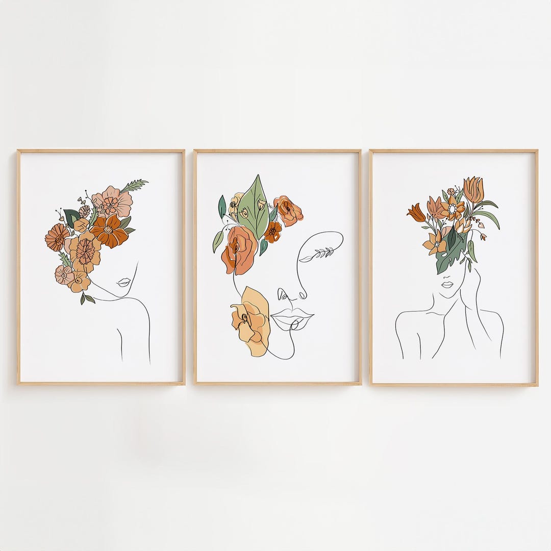 Woman With Flowers Line Art Set, Head of Flowers Art Print, Single Line ...