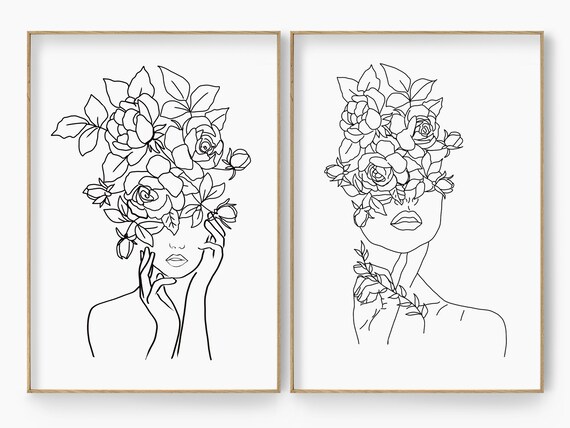 Flower Head Female Line Art Set of 2 Prints Head of Flowers - Etsy