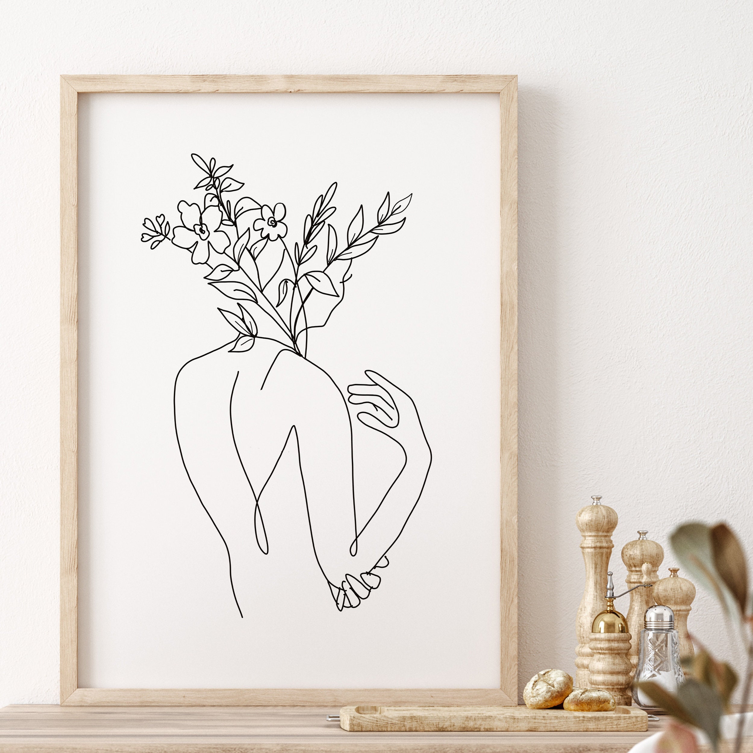 Woman Back Line Art Print Plant Head Line Draw Flower Woman - Etsy