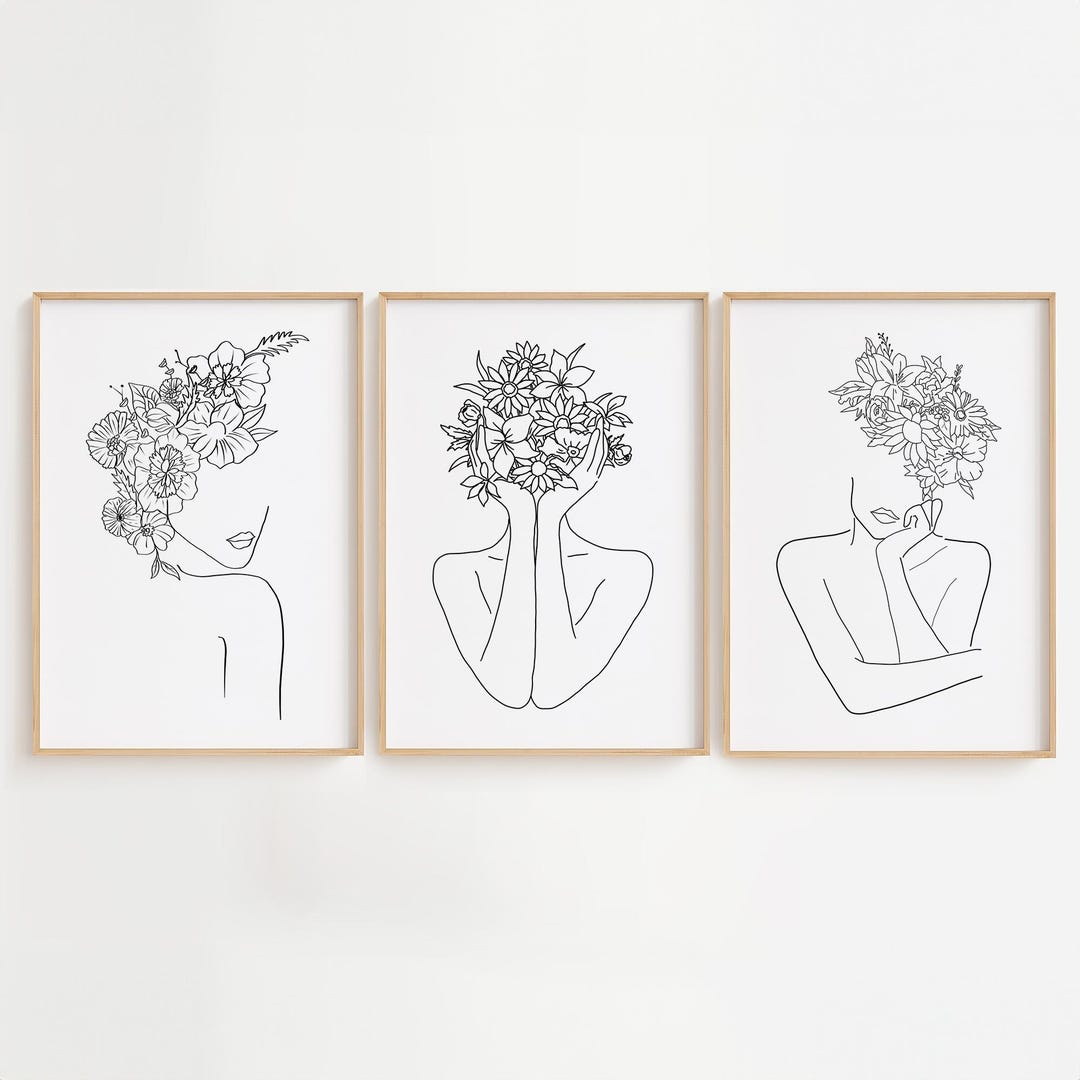 Floral Woman Line Art Print: Modern Nordic Gallery Wall Set (digital ...