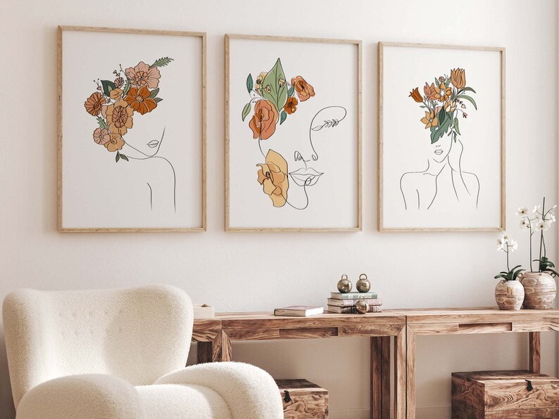Floral Head Woman Line Art Set of 3 - Minimalist Botanical Portrait ...